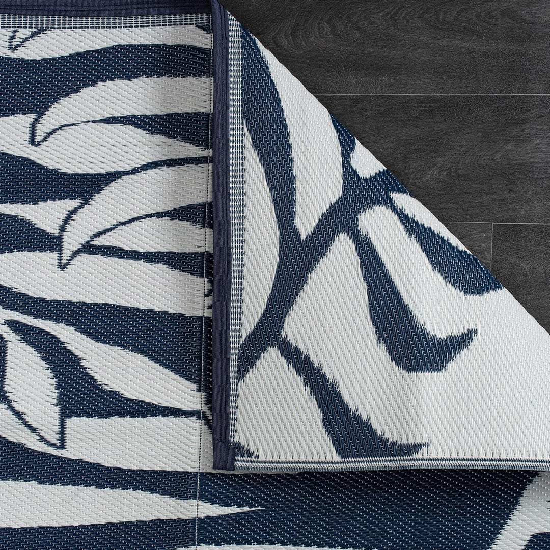 Veranda Blue Floral Leaf Waterproof Plastic Outdoor Area Rug