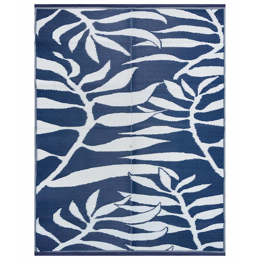 Veranda Blue Floral Leaf Waterproof Plastic Outdoor Area Rug