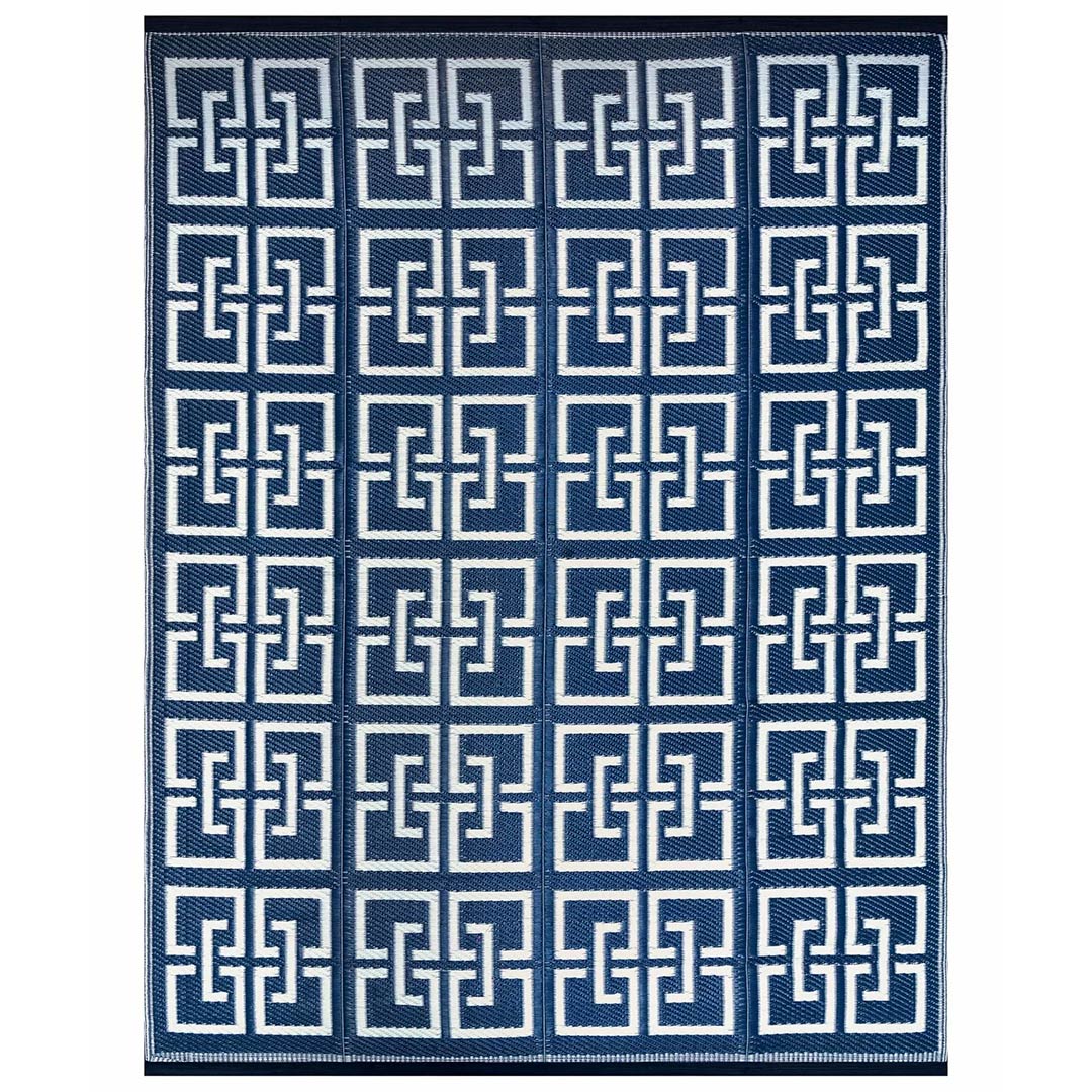 Veranda Navy Greek Key Waterproof Plastic Outdoor Area Rug