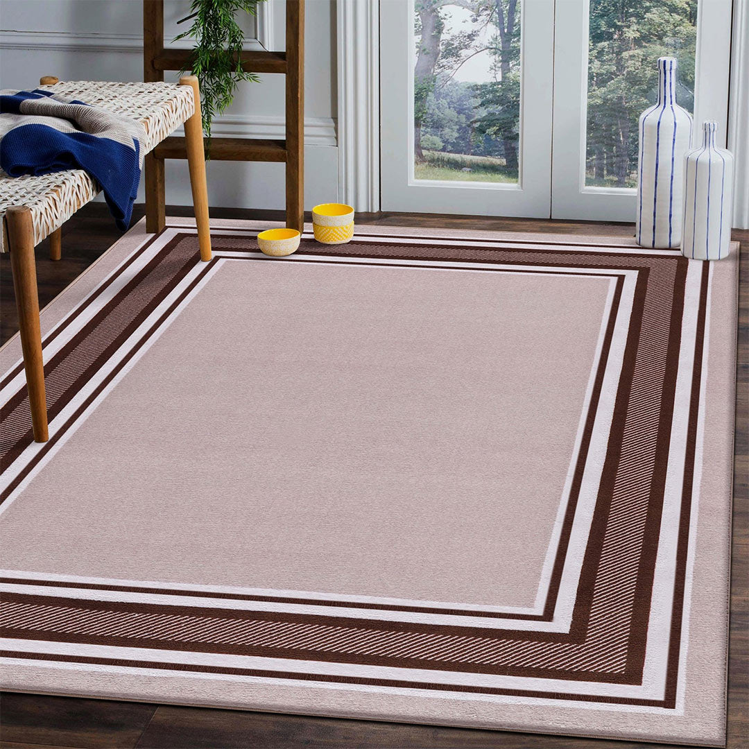 Carmel Beige Brown Bordered Non-Slip Indoor Area Rug